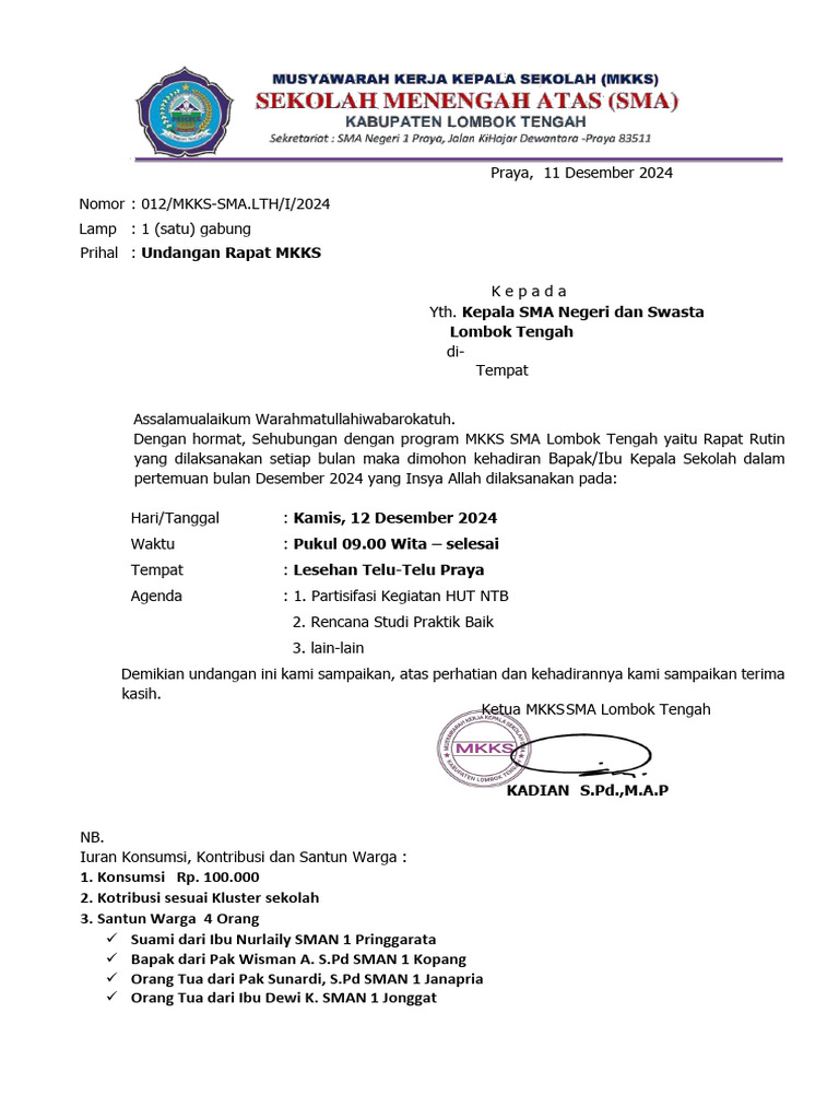 Undangan MKKS Bulan Des 2024 | PDF