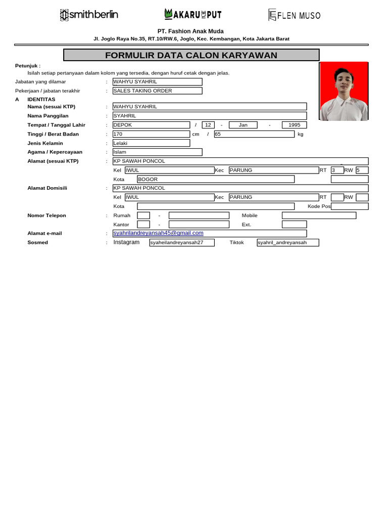 Application Form PT. Fashion Anak Muda | PDF