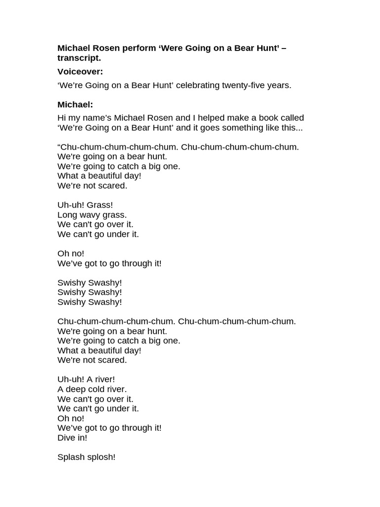 Michael Rosen Performs Were Going On A Bear Hunt Transcript | PDF ...