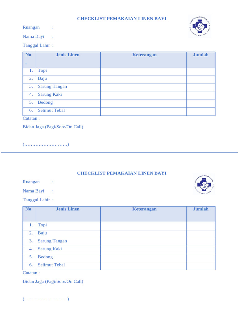 Checklist Pemakaian Linen Bayi | PDF