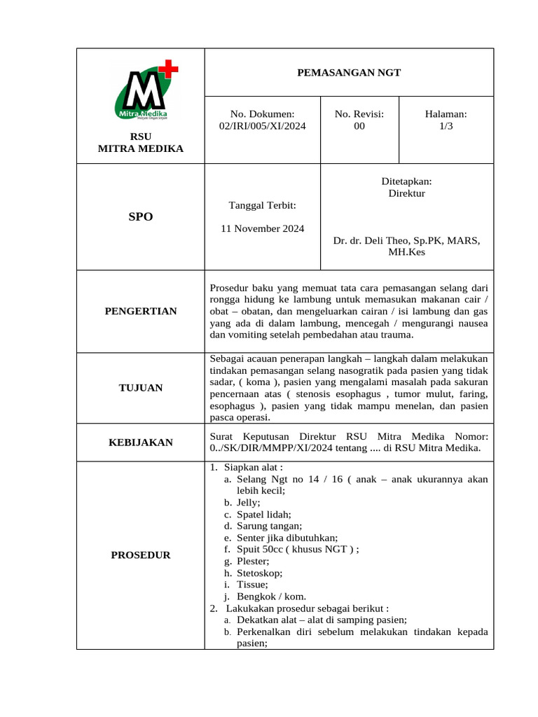 SOP Pemasangan NGT | PDF
