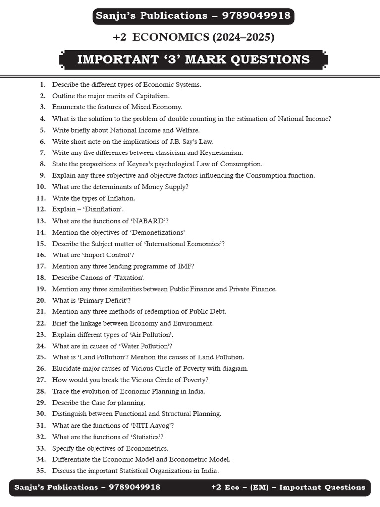 +2 ECO (Eng) 2024-2025 - Important Questions (3 Marks) | PDF