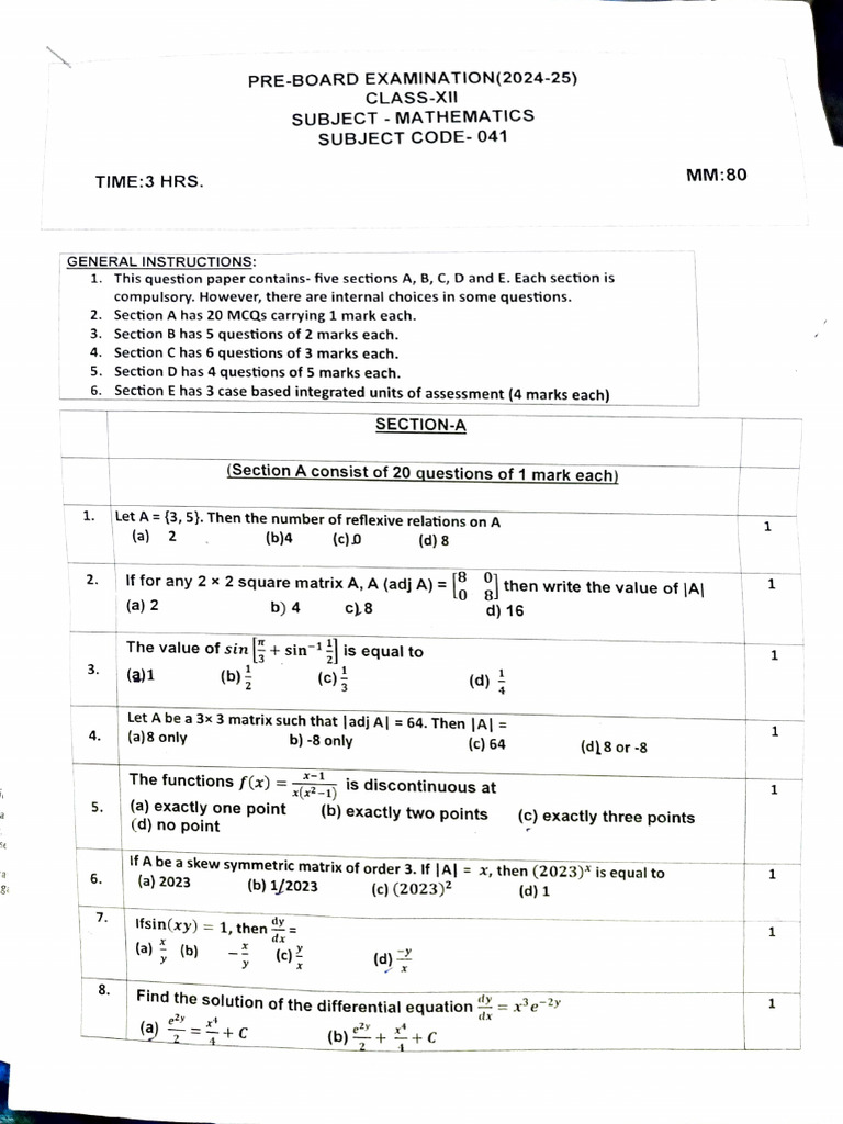Skilled Maths Pre Board | PDF | Equations | Mathematics