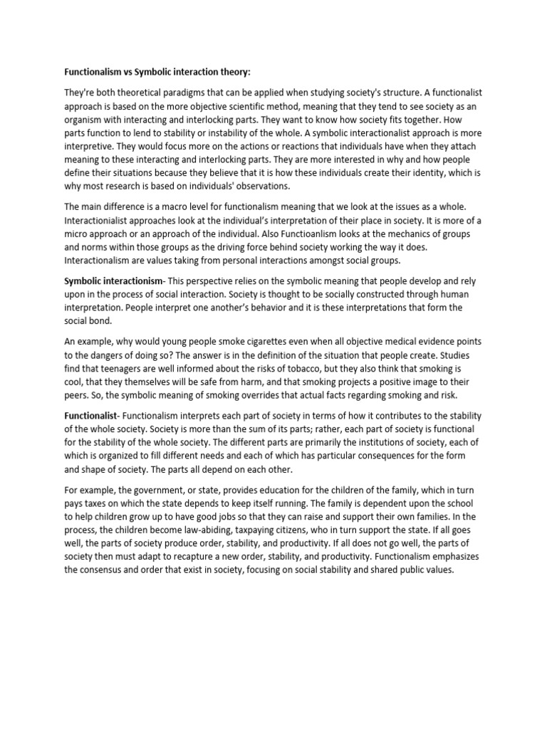 Functionalism Vs Symbolic Interaction Theory | PDF | Society ...