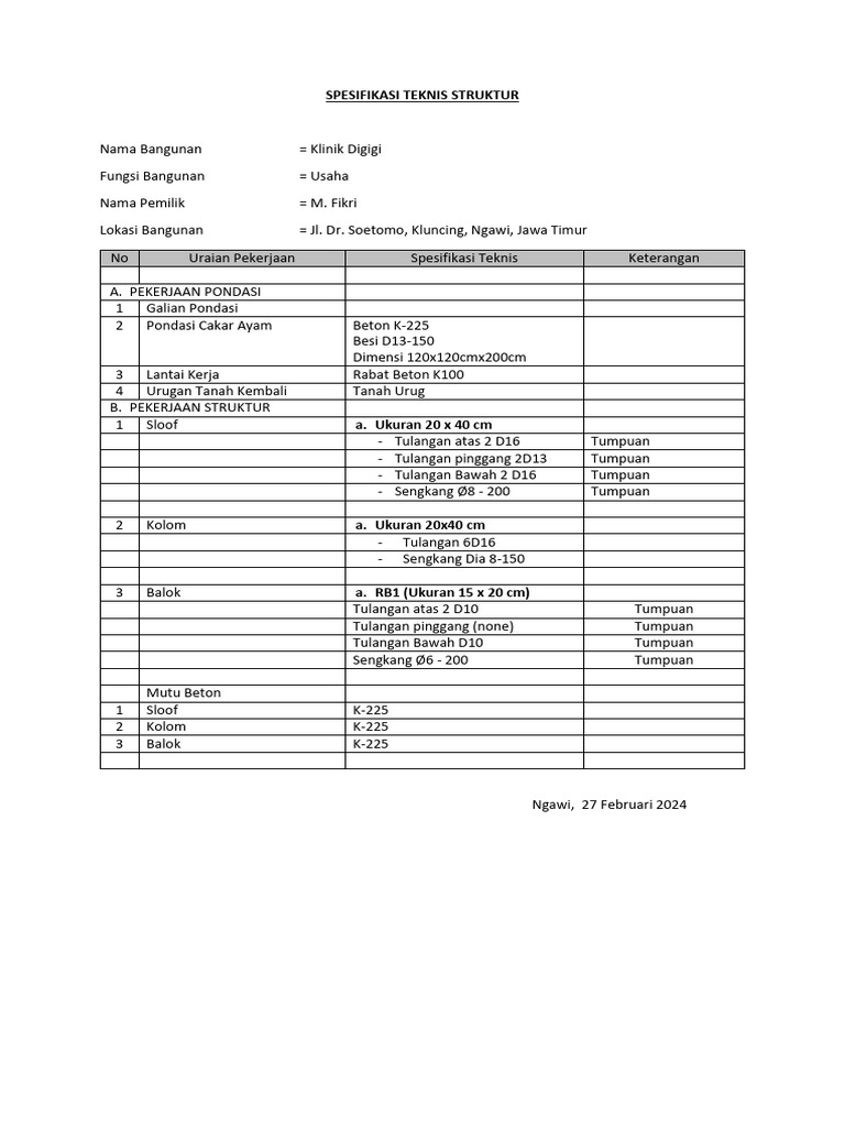 Spesifikasi Teknis Struktur | PDF