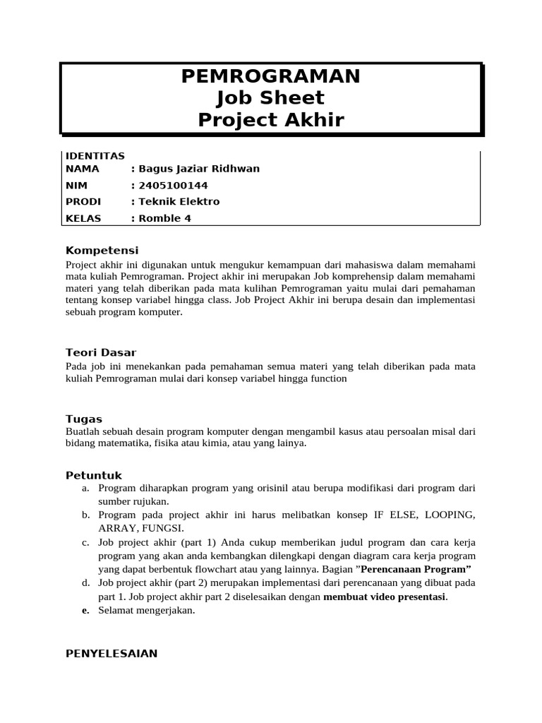 Job Project Akhir Dasar Pemrograman Pdf