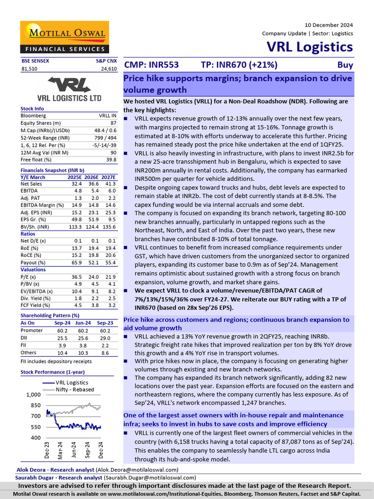 Motilal_Oswal_sees_21%_UPSIDE_in_VRL_Logistics_Price_hike_supports | PDF | Securities (Finance ...