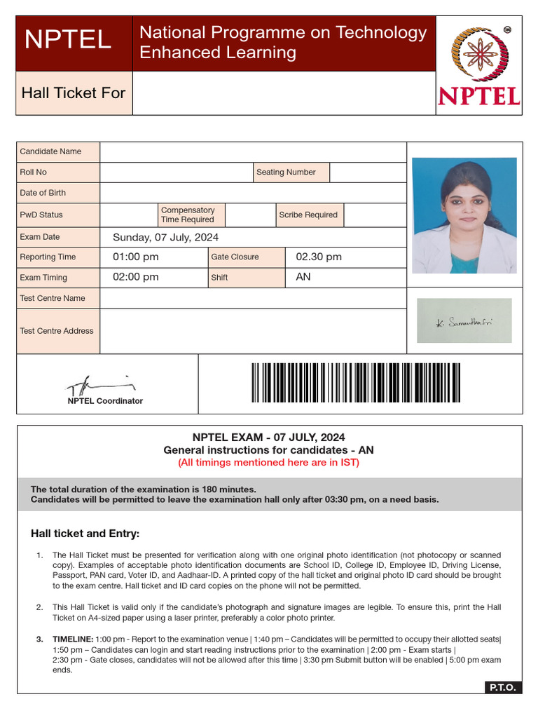 NPTEL Exam Hall Ticket Instructions | PDF | Identity Document