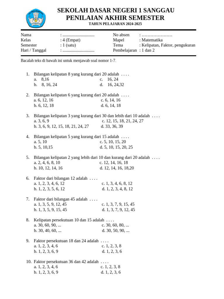 Soal Pas MTK Kelas 4 Kelipatan Dan Faktor | PDF