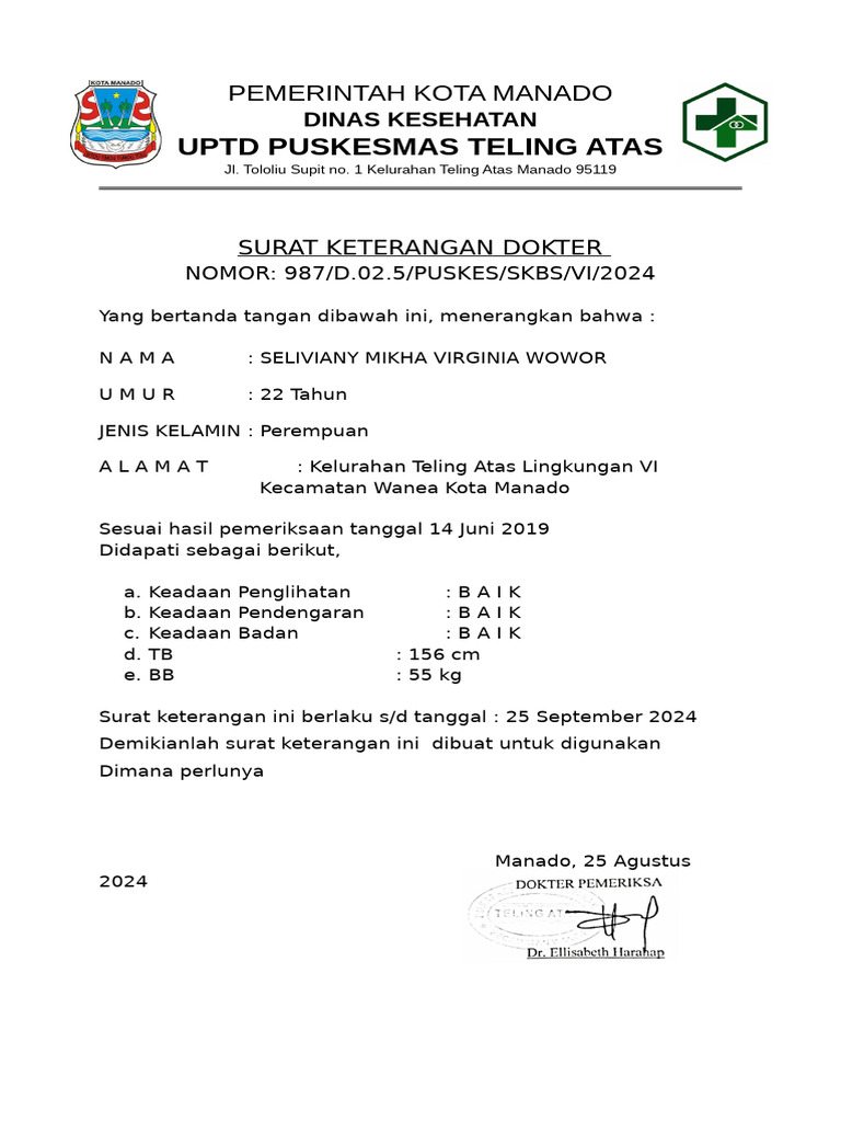 Surat Keterangan Kesehatan Manado 2024 | PDF