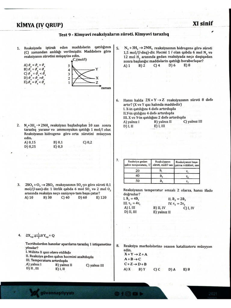 4-Cü Qrup. Quiz 9. Kimyəvi Reaksiyanın Sürəti. Kimyəvi Tarazlıq. | PDF