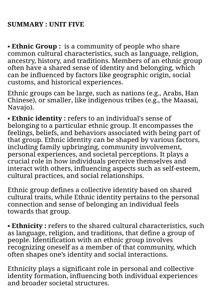 UNIT FIVE SUMMARY | PDF | Identity (Social Science) | Ethnicity