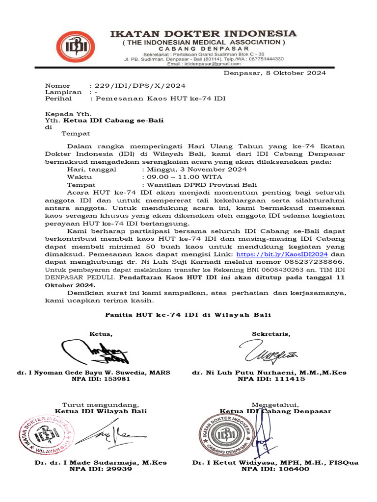 Surat_Pemesanan Kaos HUT ke-74 IDI-2 | PDF