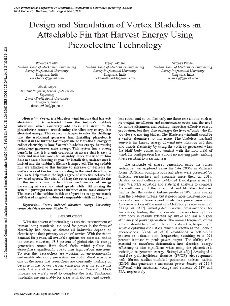 Design and Simulation of Vortex Bladeless An Attachable Fin That ...