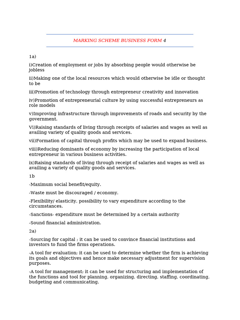 Business Form 4 Marking Scheme Guide | PDF | Entrepreneurship | Employment
