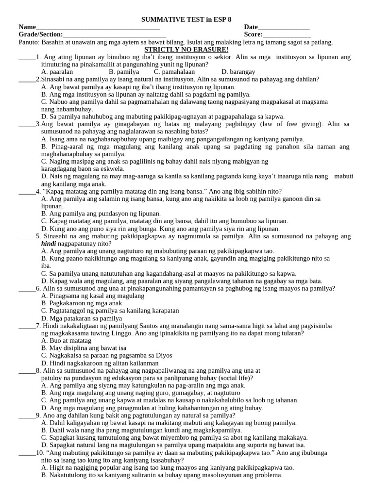 SUMMATIVE TEST in ESP 8 - Q1 | PDF