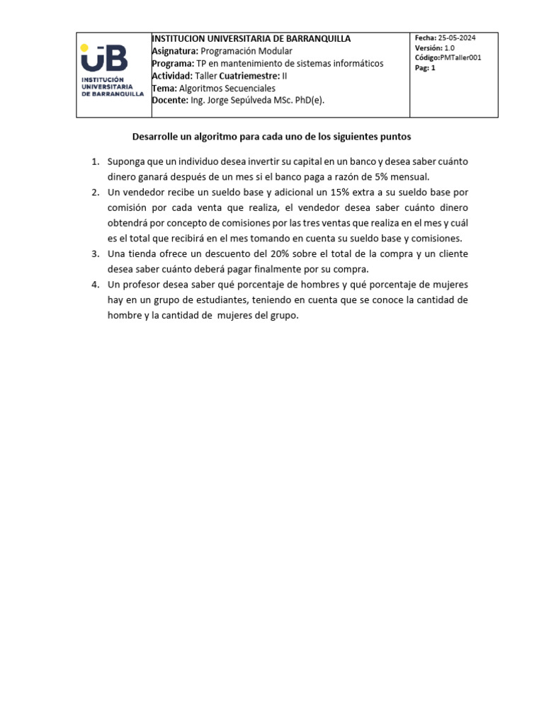 2 - PM - Taller - 1 - Algoritmos - Secuenciales | PDF