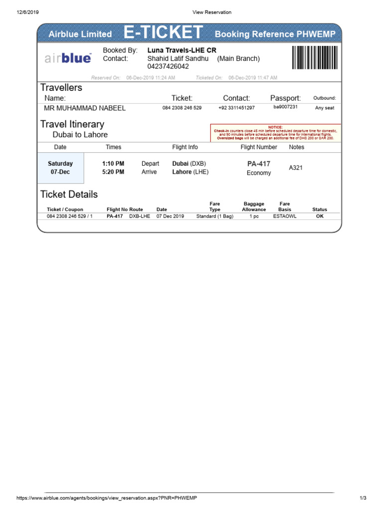 MR - Muhammad Nabeel Ticket DXB Lhe On Airblue | PDF | Civil Aviation ...