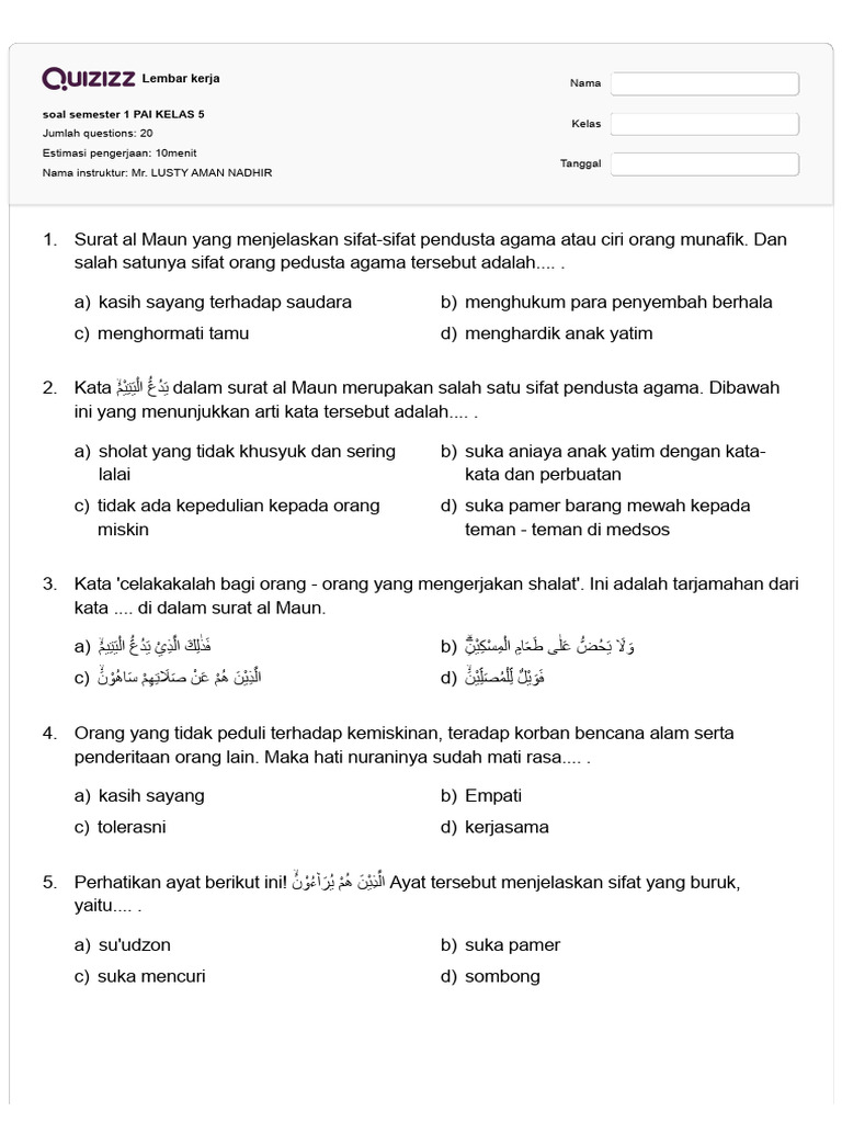 Latihan Soal PAS GANJIL KELAS 5 SMT 1 - vr2 | PDF