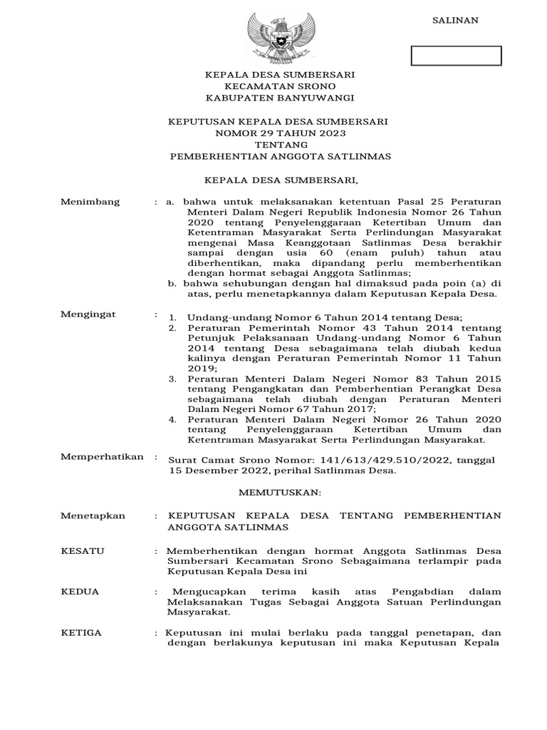 No 29 SK Pemberhentian Anggota Satlinmas | PDF