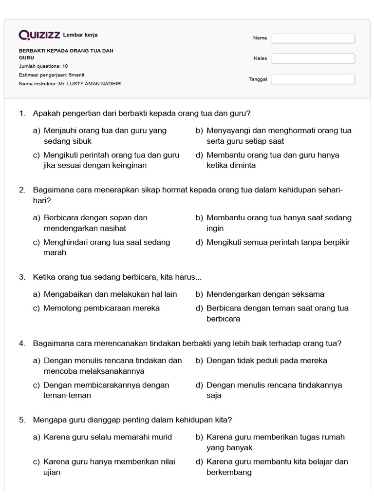 BERBAKTI KEPADA ORANG TUA DAN GURU _ Kelas 3 | PDF
