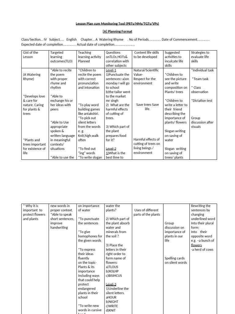 Class 4 Lesson Plan: A Watering Rhyme | PDF | Lesson Plan | Linguistics