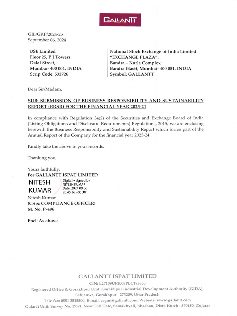 Gallantt Ispat 2023-24 BRSR Submission | PDF | Life Cycle Assessment ...