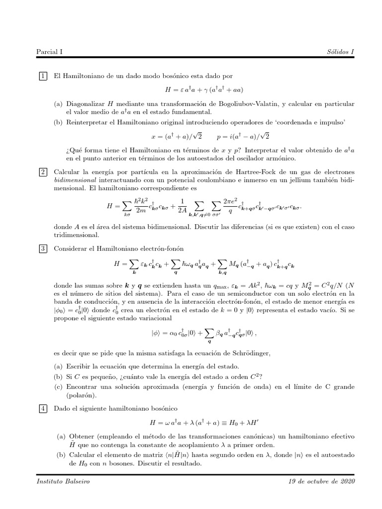 Parcial1 2020 | PDF | Hamiltoniano (Mecánica Cuántica) | Ecuaciones