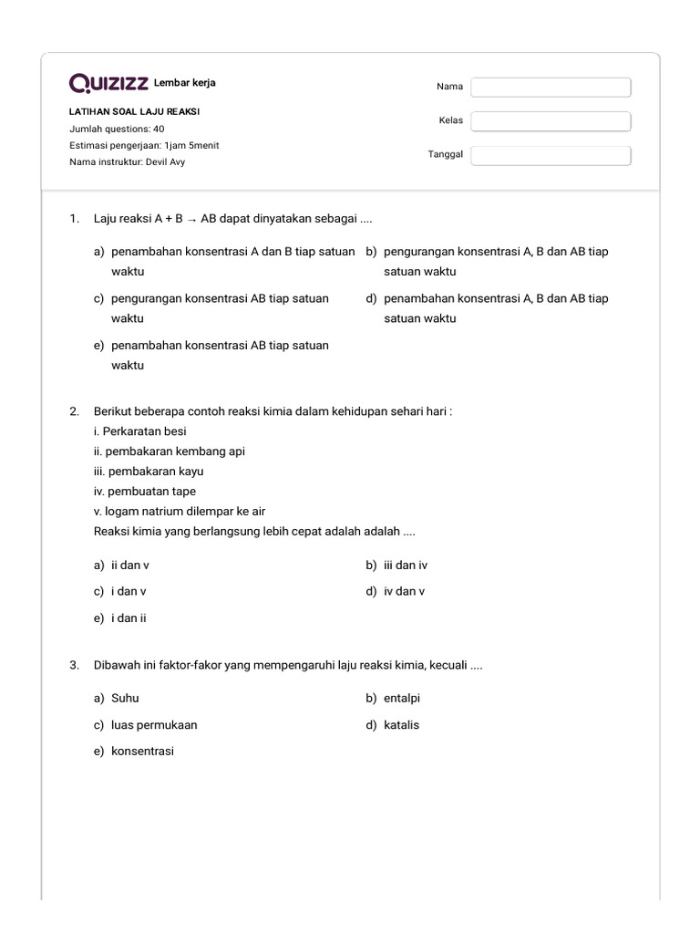 LATIHAN SOAL LAJU REAKSI _ Quizizz | PDF