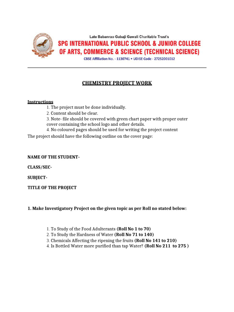 Chemistry Project Work For SPG Students | PDF