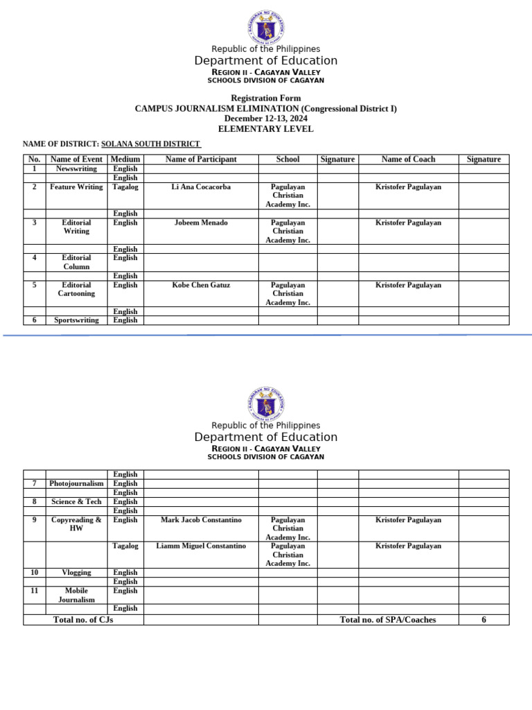 Elem Registration Form For CD3 Journaltmpics 2024 1 | PDF | Philippines