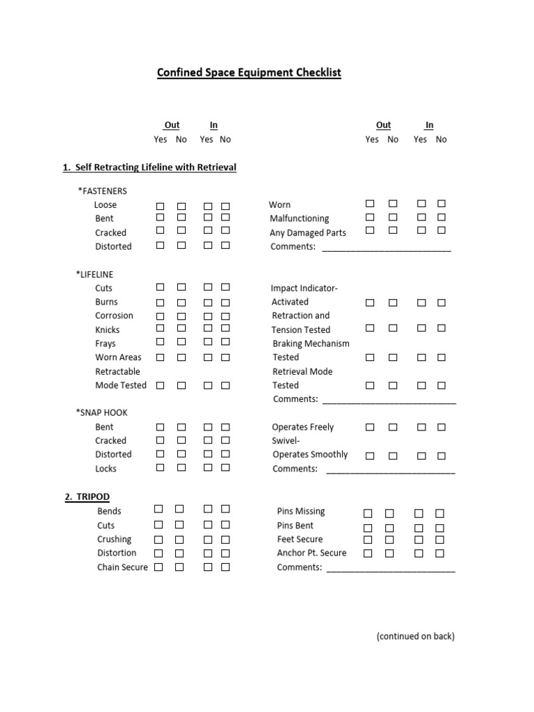 Confined Space Equipment Checklist | PDF