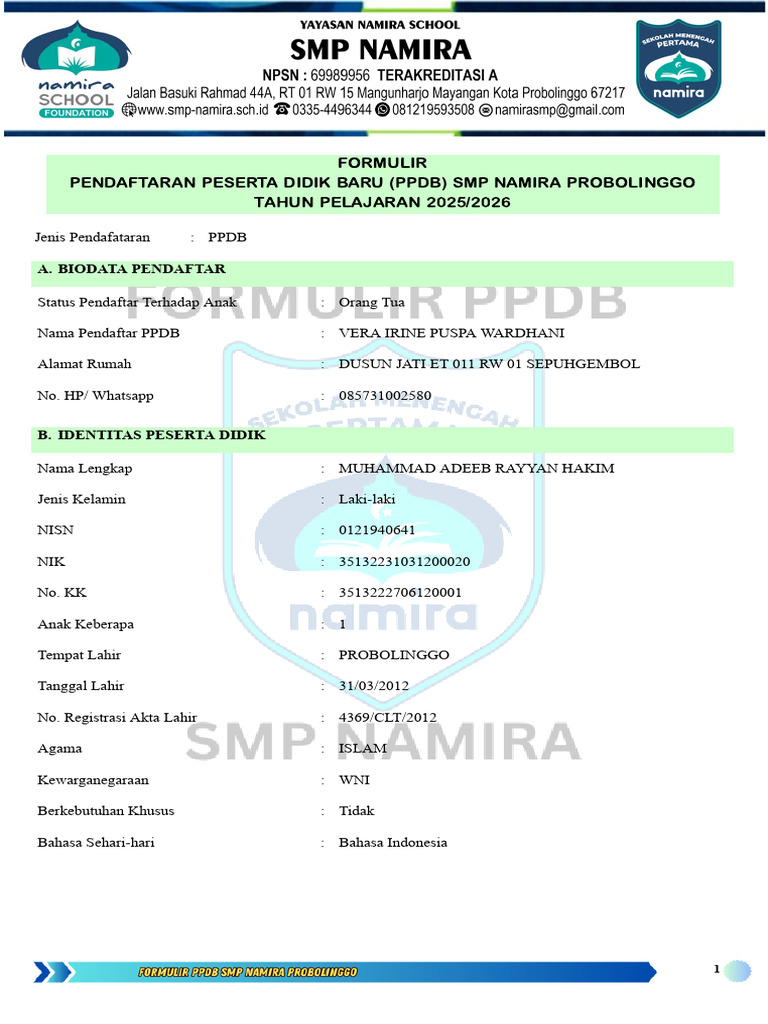 Formulir PPDB SMP Namira | PDF