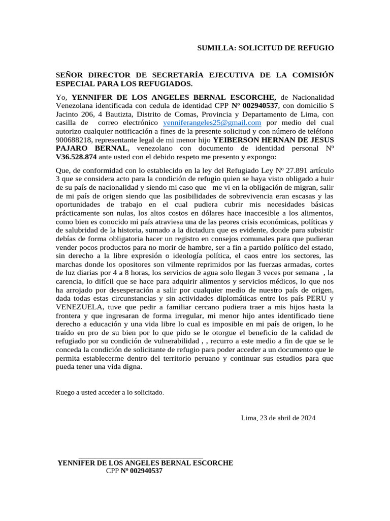 Solicitud de Refugio | PDF | Documento de identidad