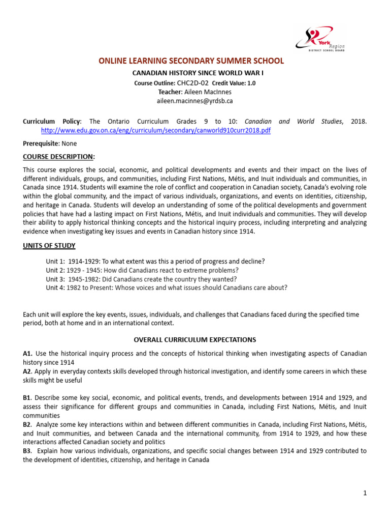 Canadian History Course Outline 1914-Present | PDF | Academic ...