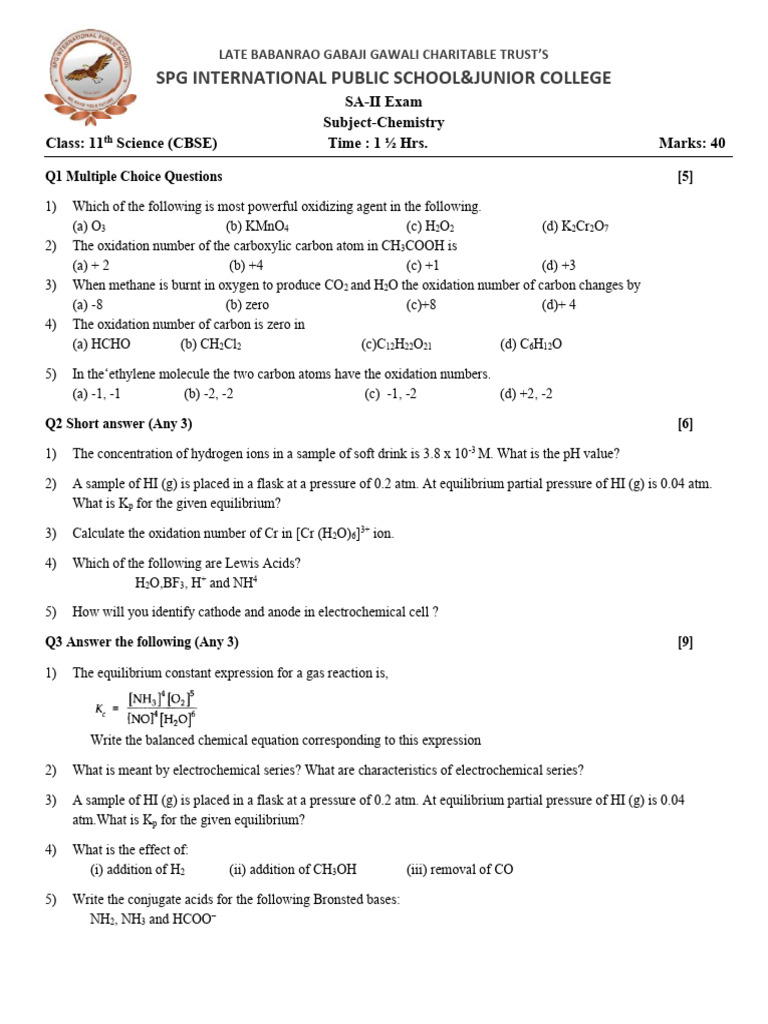 11th CBSE Chemistry (Unit Test-2) | PDF | Chemical Equilibrium ...