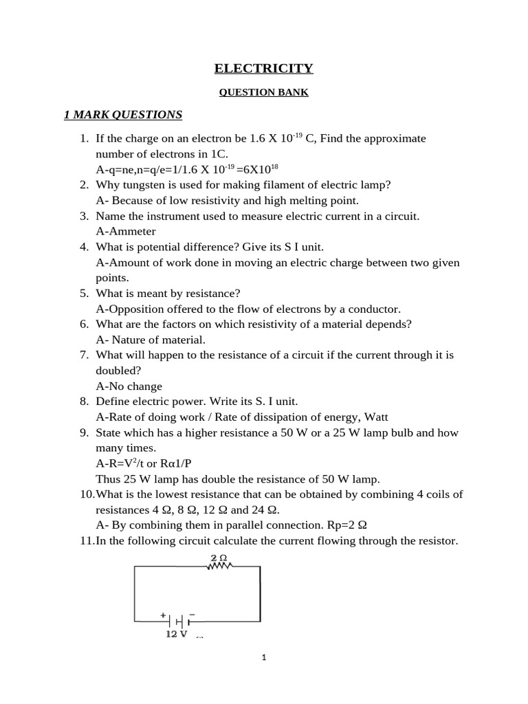 Electricity Question Bank | PDF | Electrical Resistance And Conductance ...