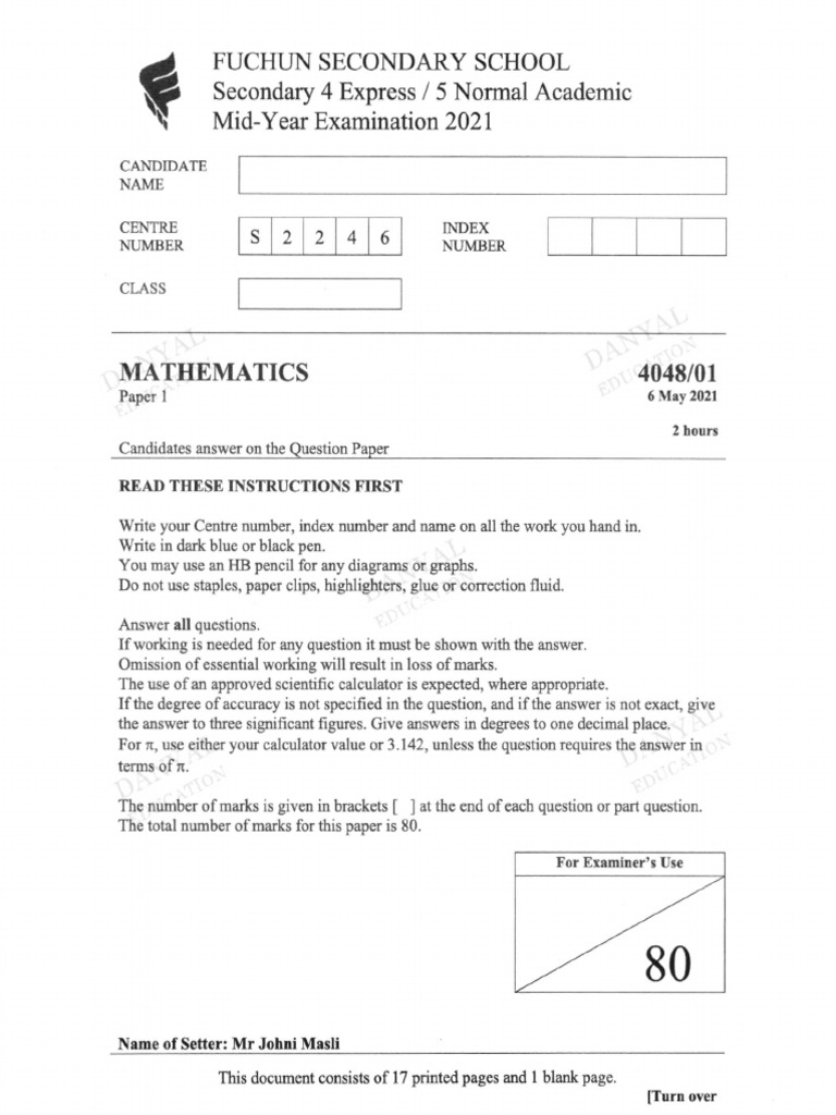 Math Exam for Secondary Students | PDF | Area | Mathematics