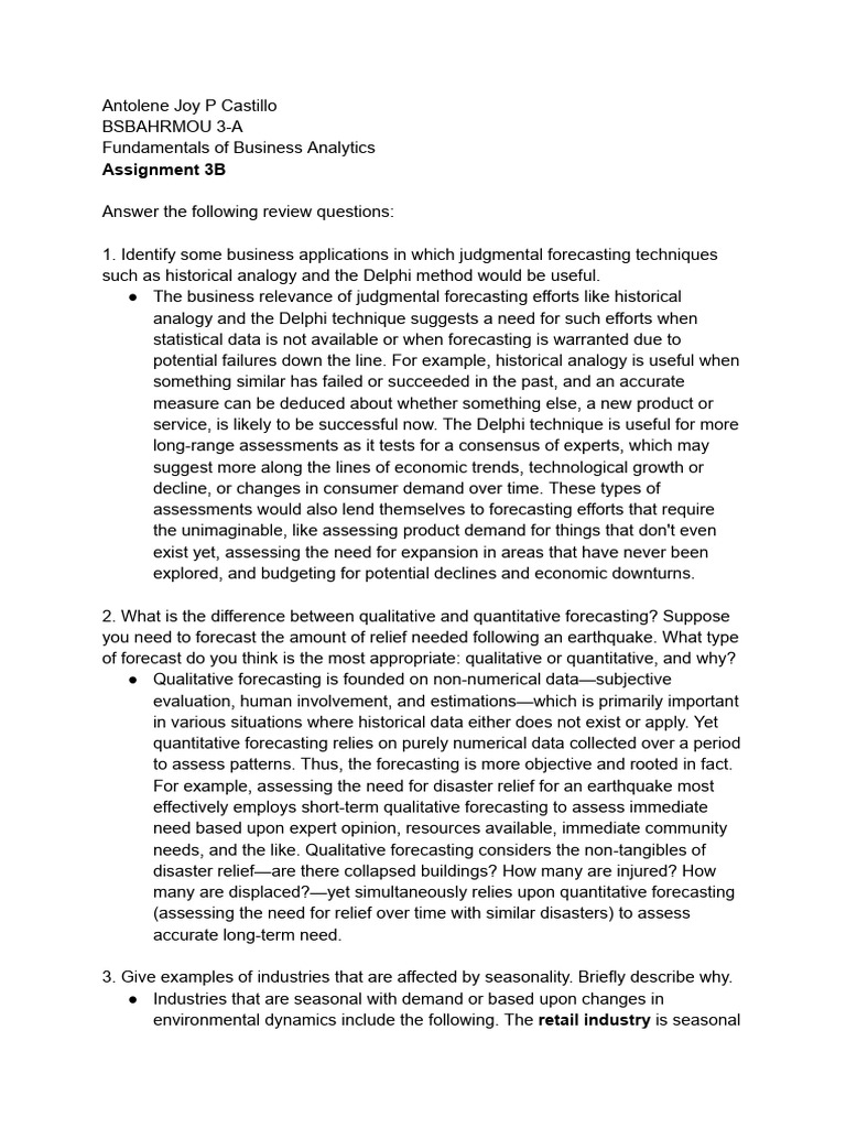 Business Analytics Forecasting Assignt 3b Pdf Forecasting