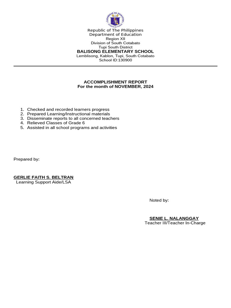 Accomplishment PSB | PDF | Philippines