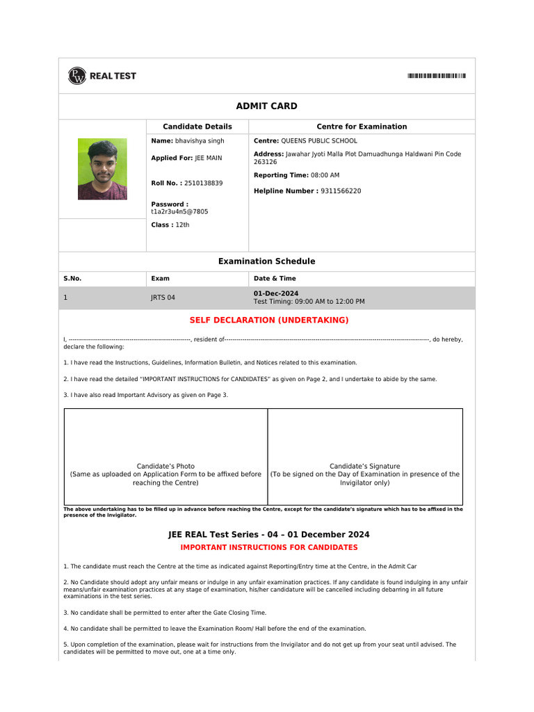 JEE Main Exam Admit Card | PDF | Identity Document