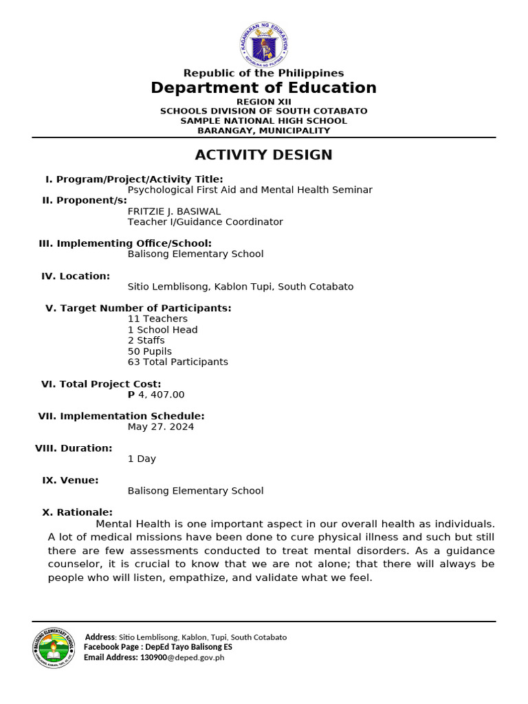 Activity Design Mental Health | PDF | Mental Health