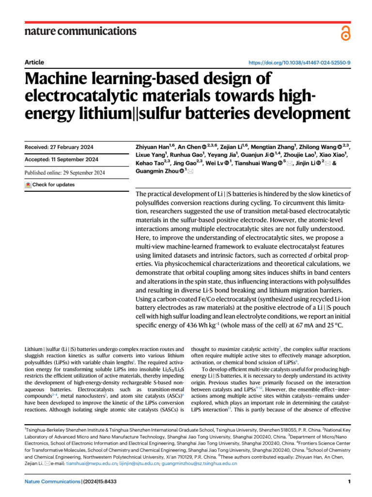 Machine Learning-Based Design of Electrocatalytic Materials Towards Highenergy Lithium - Sulfur ...