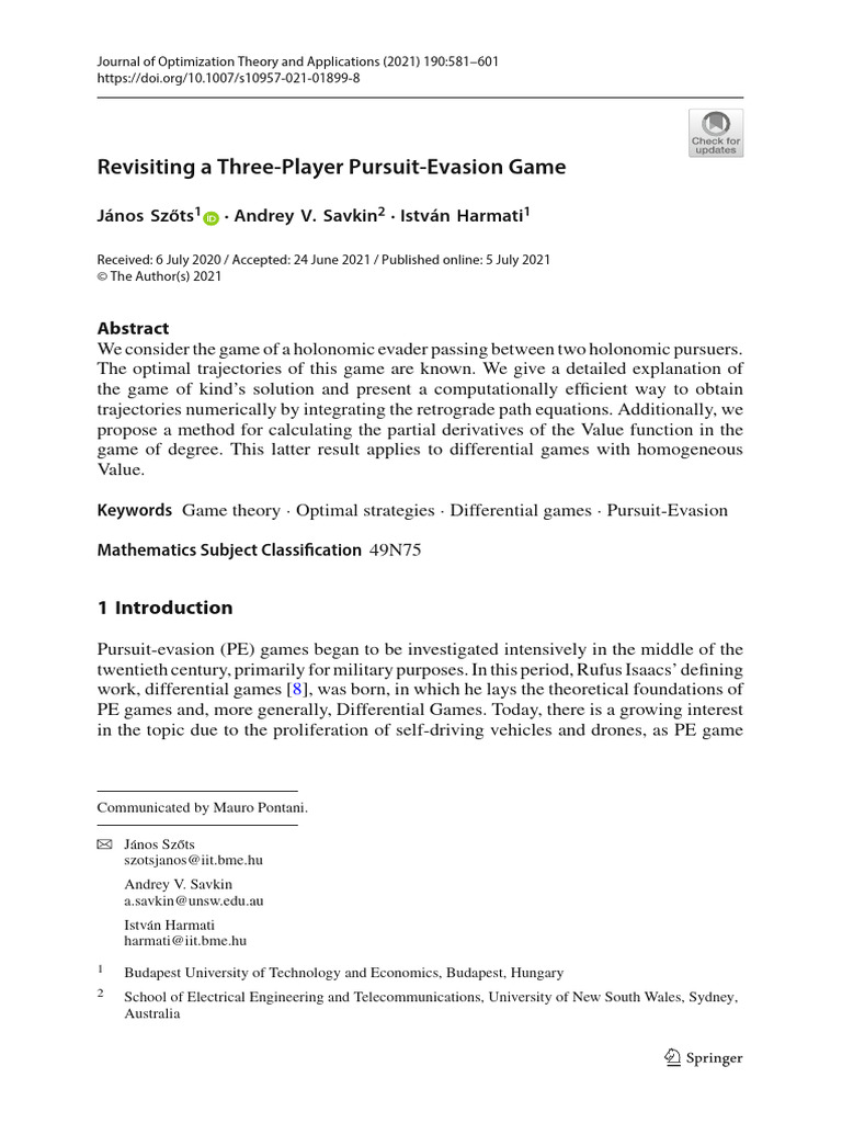 Revisiting A Three Player Pursuit Evasion Game | PDF | Velocity ...