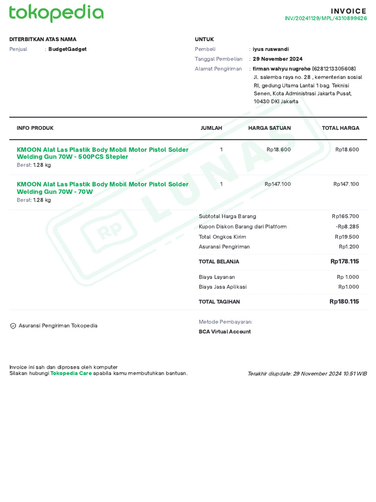 Invoice Pembelian Alat Las KMOON 2024 | PDF