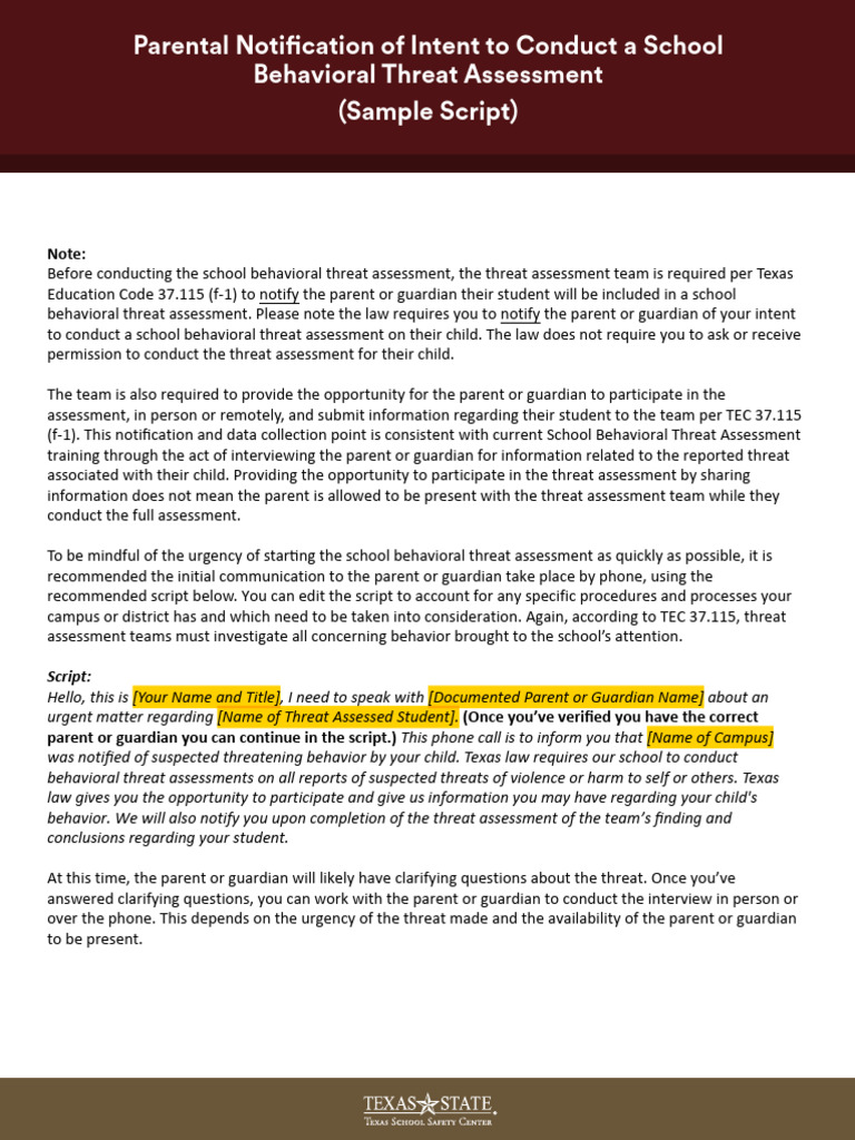 Sample Script Parental Notification of Intent To Conduct SBTA 2023 2024 ...