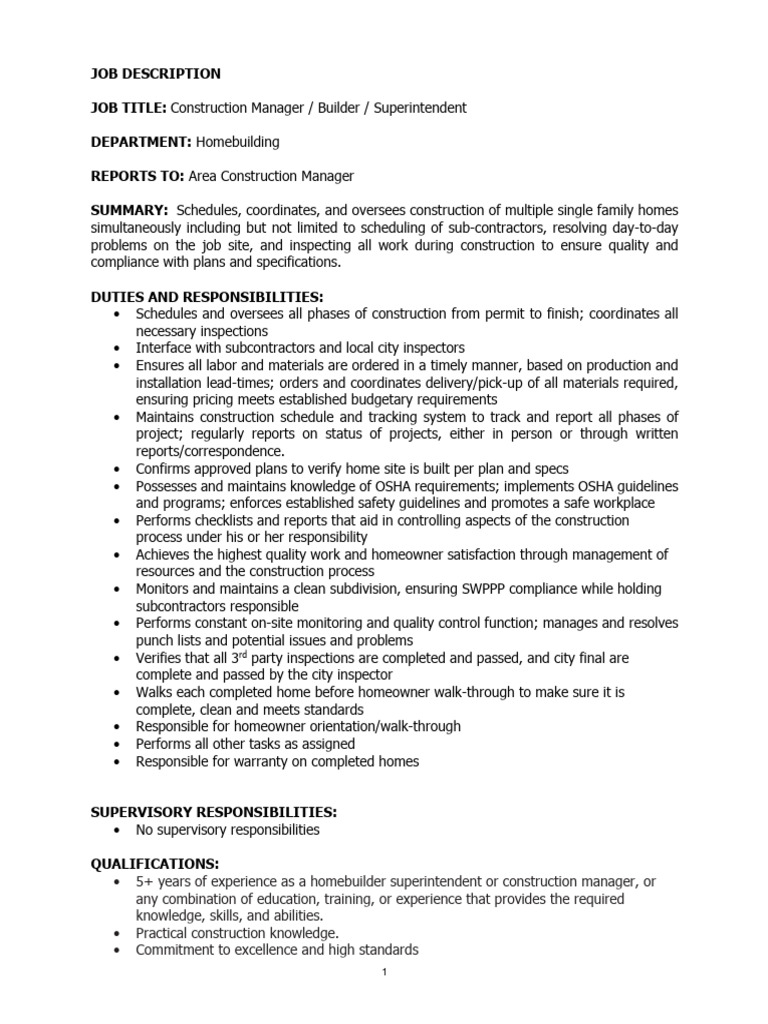 Job Description - Construction Manager | PDF | Skill | Occupational ...