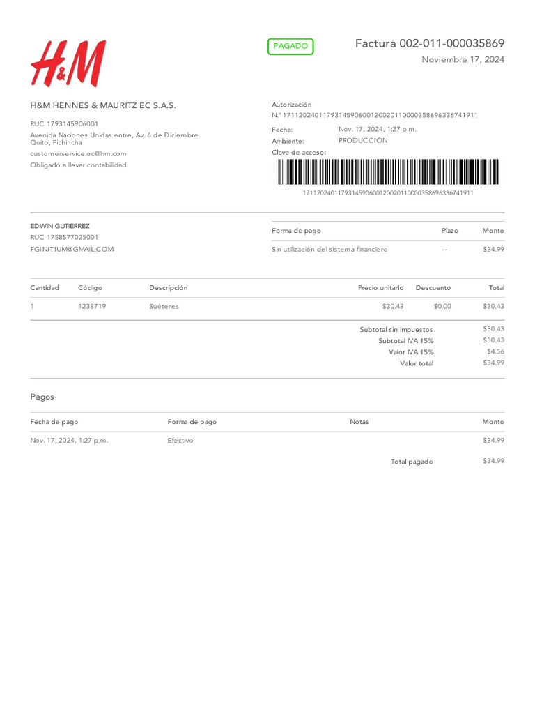 Factura H&M: Detalles de Pago y IVA | PDF
