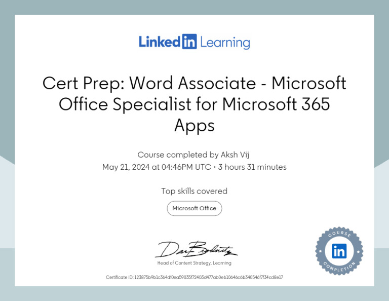 CertificateOfCompletion - Cert Prep Word Associate Microsoft Office ...