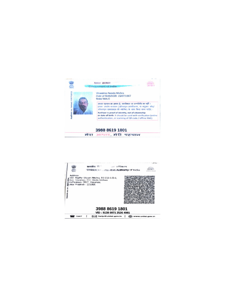 Aadhaar Card Details for Viswatma Mishra | PDF